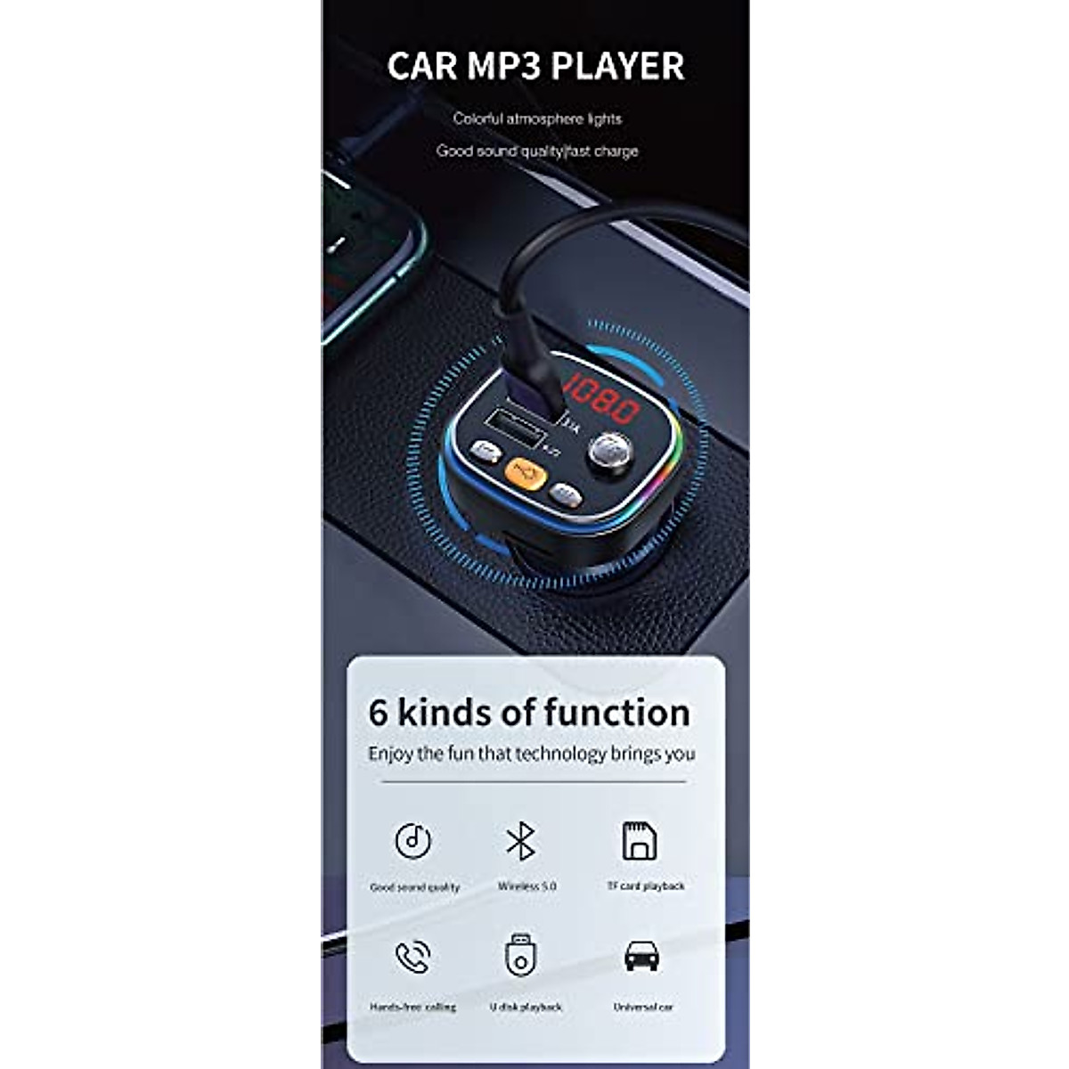 OHITEC Bluetooth5.0 FM Transmitter for Car,Bluetooth Car Adapter with Dual USB Charging Car Charger MP3 Player Support TF Card & USB Disk, 7 Colors Led Backlit Light, Hands Free Calling (C20)