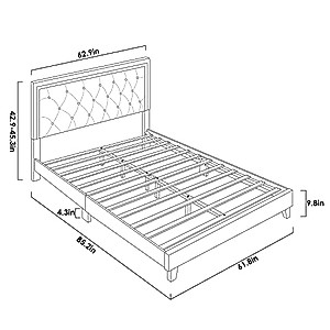 HITHOS Queen Bed Frame, Upholstered Platform Bed Frame with Modern Adjustable Headboard, Diamond Tufted Mattress Foundation with Wooden Slat Support, No Box Spring Needed, Easy Assembly (Queen, Black)