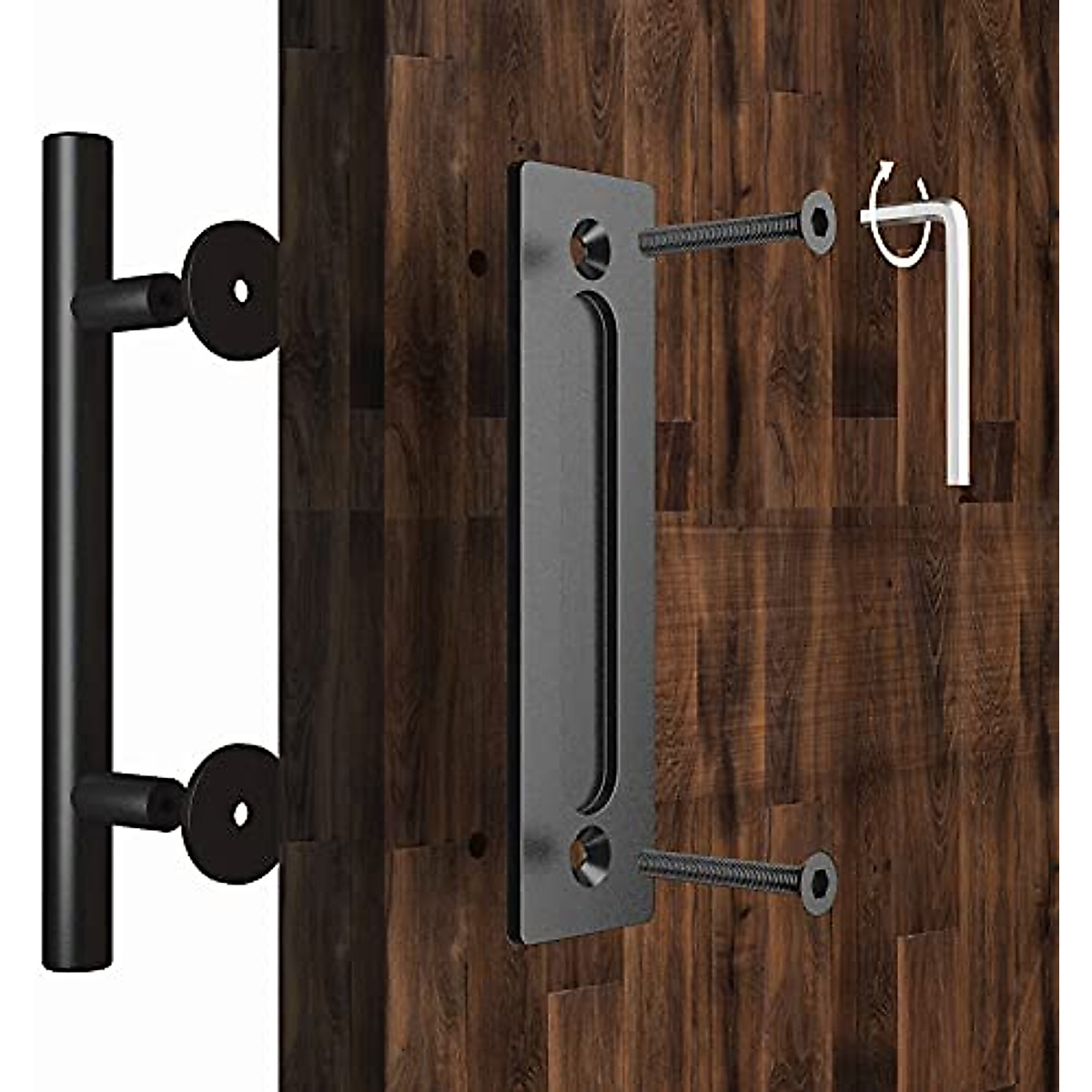Barn Door Handles Black 12 inch - Sliding Barn Door Handle with Lock Barndoor Hardware Set, Bard Flat Back Plate - Barnwood kit, Inset Knobs Closet Finger Flush Pulls Barnyard Barb Latch Closure Pull