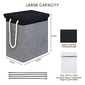 Laundry Hamper with Lid, Large Linen Laundry Basket with Handles, Waterproof Lining Dirty Clothes Hamper for Bathroom Bedroom Dorm Nursery Organization (Grey)
