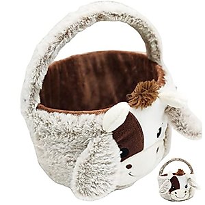 Highland Cow Easter Basket, Plush Cute Bag Buckets With Plush Ear, Small Mini Easter Storage Tote Bag For Candy Egg (White)