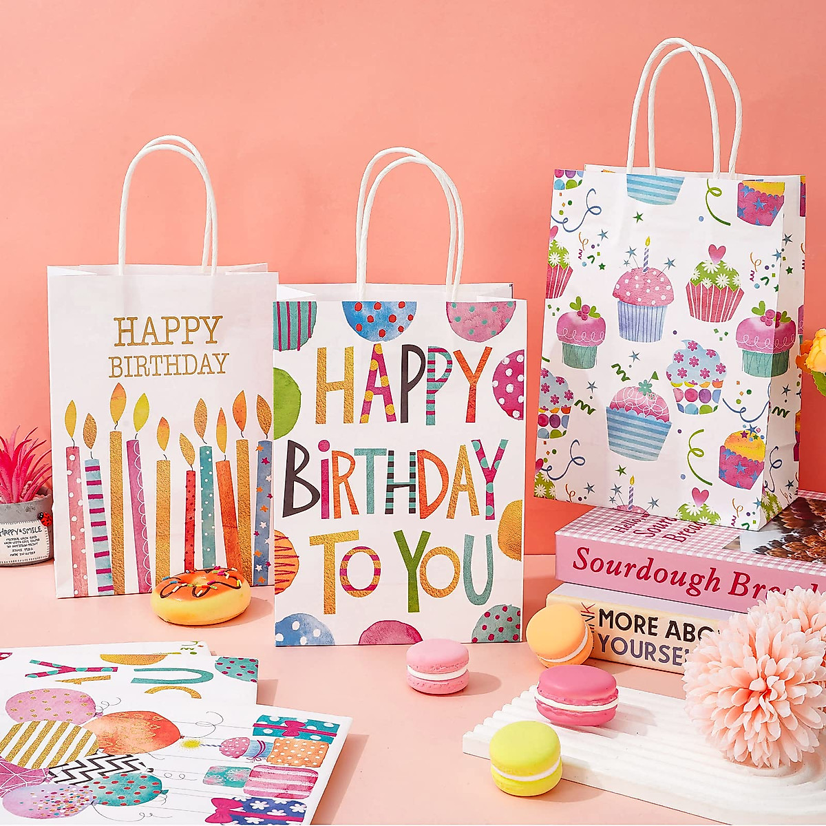 AnyDesign 12Pcs Birthday Gift Bag with Handle Colorful Happy Birthday Paper Favor Bags Watercolor Candle Balloon Cupcake Print Party Bags for Baby Shower Girls Boys Candy Cookie, 5.9 x 8.3 x 3.1 In