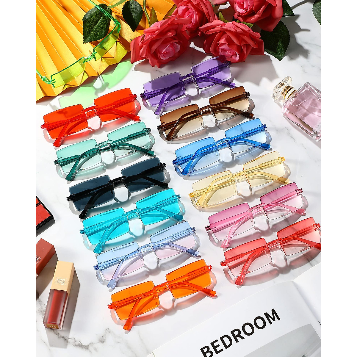 LEIFIDE 36 Pairs Frameless Rectangle Sunglasses Plastic Rimless Sunglasses Candy Color Vintage Glasses for Women Men Unisex Sun Protection, Multicolor