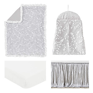 Sweet Jojo Designs Grey Floral Vintage Lace Baby Girl Nursery Crib Bedding Set - 4 Pieces - Solid Light Gray Crinkle Crushed Velvet Luxurious Elegant Princess Boho Shabby Chic Luxury Flower Ruffle