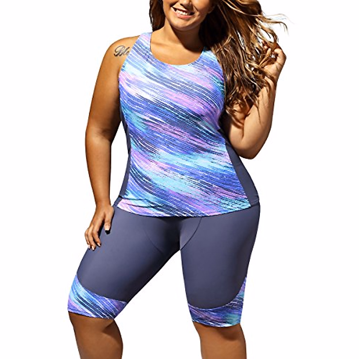 JooMeryer Women's Zigzag Print Plus Size Two Piece Tankini Swimsuits Swimwear,Blue & Grey,5XL