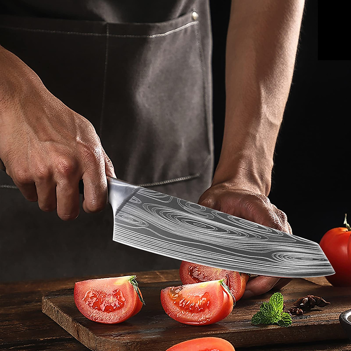 WXCOO 7 inch Laser Engraving Chef Knife, Professional Kitchen Chef’s Cooking Knife Sharp Asian Knives for Home & Restaurant, Stainless Steel Chinese Chef Knife with Wooden Ergonomic Handle