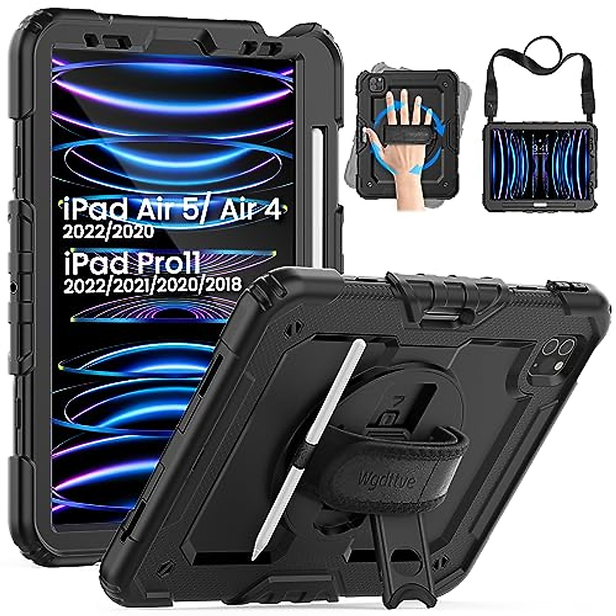 Wgdttve iPad 10.9 Inch Air 5th/4th Generation Case/iPad Pro 11 Inch Case with Screen Protector, Drop Proof Protection 360°Rotating Stand/Handle,Pencil Holder Shoulder Strap Case (Black)