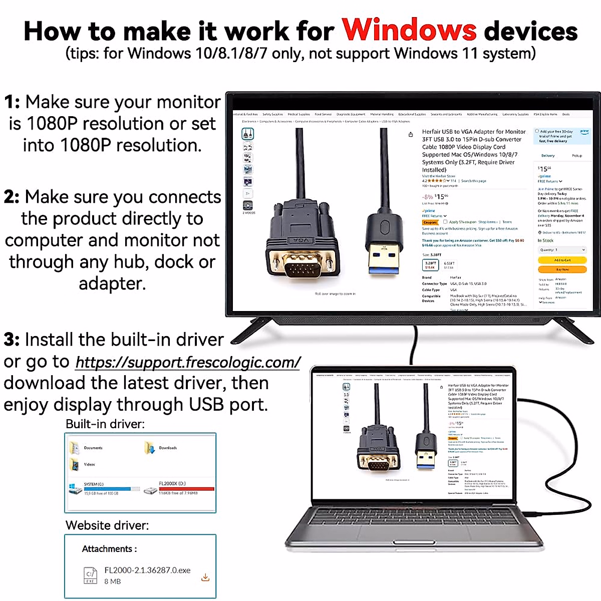 Herfair USB to VGA Adapter for Monitor 3FT USB 3.0 to 15Pin D-sub Converter Cable 1080P Video Display Cord Supported Mac OS/Windows 10/8/7 Systems Only (3.2FT, Require Driver Installed)