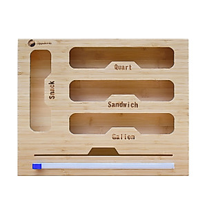 Oppulents Bamboo Ziplock Bag Storage Organizer for Kitchen Drawer with Foil/Plastic Dispenser and Cutter Suitable for Gallon, Quart, Sandwich & Snack Sizes Magnetic Closure Multipurpose Organizer