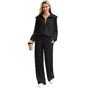 XIEERDUO Loungewear Set Women Fall Fashion 2024 Sweatsuit Set 2 Piece Outfits Black M