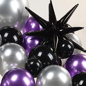 Chrome Purple Black silver Balloon garland kit 126Ppcs with large star balloons for women 21/30th Birthday graduation Prom Halloween Wednesday party 2025 grad party Decorations