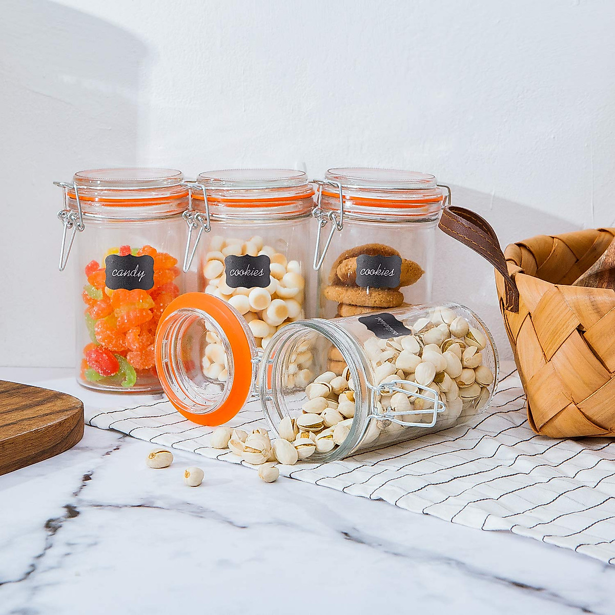 Glass Jars With Airtight Lids,Encheng 16 oz Glass Jars With Leak Proof Rubber Gasket,Wide Mouth Mason Jars With Hinged Lids For Kitchen Canisters,Glass Storage Containers 12 Pack