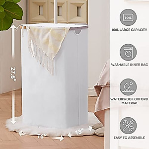 100L Large Laundry Hamper with Lid and Liner Bag, 27.6" Tall Laundry Basket with Handle, Waterproof and Collapsible Cloth Hamper for Bedroom and Bathroom, White