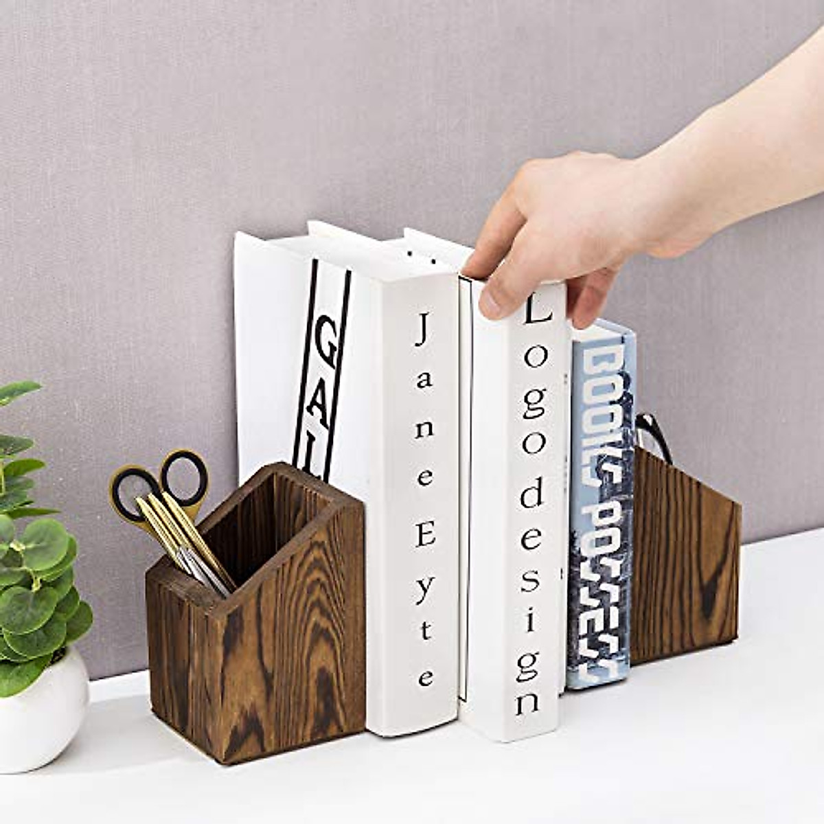 MyGift Rustic Brown Solid Wood Decorative Bookends, Office Desk Book Stand with Stationery Holder and Pencil Cup, 1-Pair