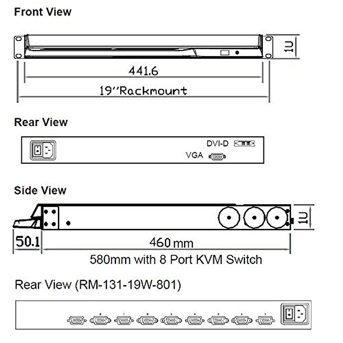 Crystal Image Technologies - Rackmount Console - 1U 19" Rackmount Monitor, 1440 X 900 Resolution, VGA + HDMI Input (Part#RM-111-19WH) includes 3 Year Warranty