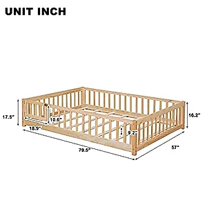 Bellemave Full Size Floor Bed with Door and Fence for Kids, Montessori Floor Bed with Slats and Safety Guardrails,Solid Wood Full Bed Frame for Girls Boys(Full,Natural)