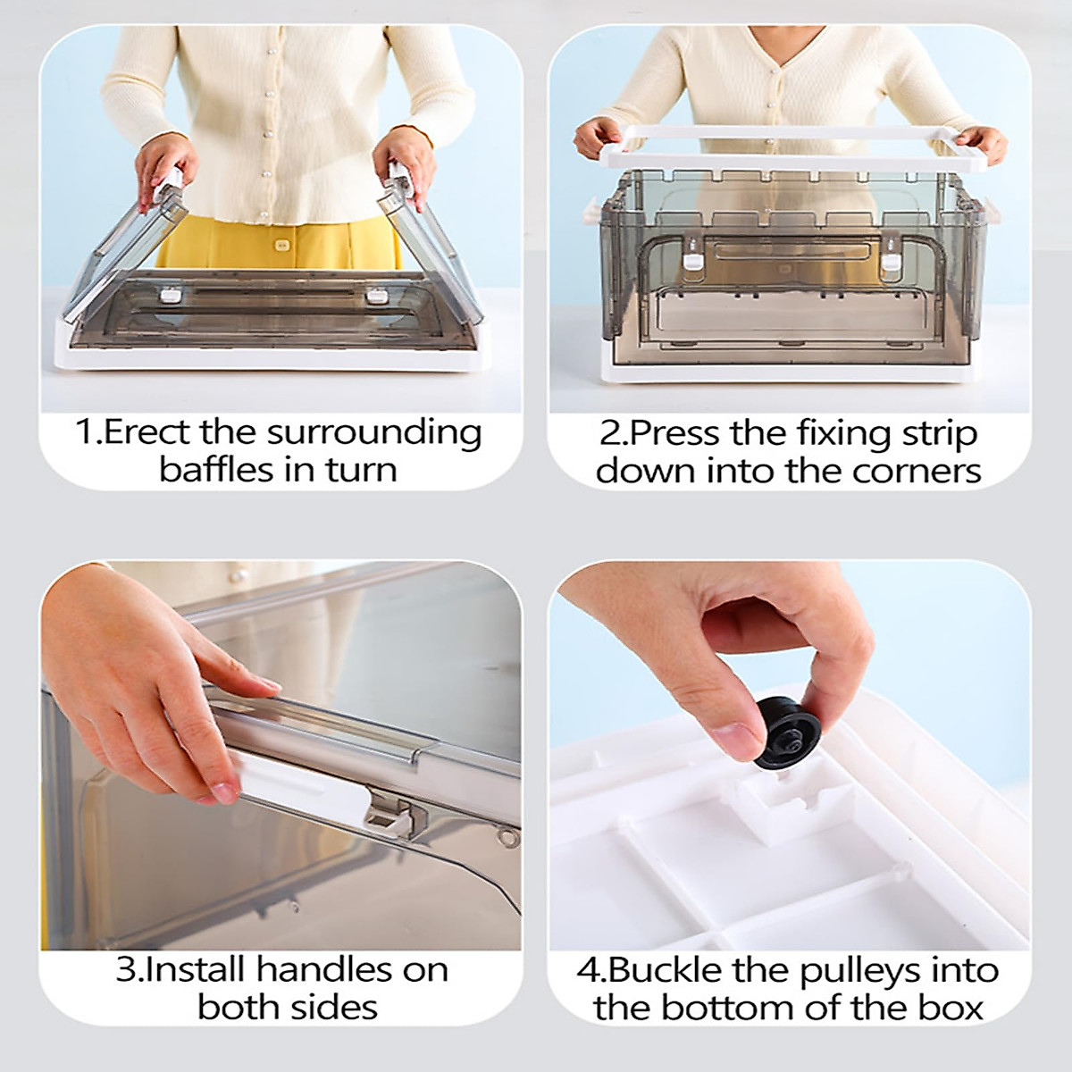 RUNMEIJIA Storage Bins，Clear Plastic Folding Storage Box with Lid with Wheels Stackable Plastic Box, For Home, Dorm and Office Organization, Fabric Toys Books Snacks Bottles (50 Quarts, White)