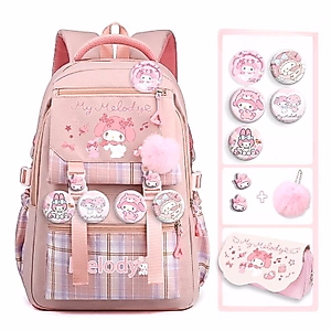 Kawaii Backpack with 9Pcs Accessories Anime Cartoon Bag 16 Inch Anti-Theft Travel Aesthetic Season Gifts Backpack (pink)