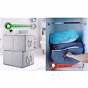 jeadwwr Large Foldable Storage Bins with Lids for Organizing, Fabric Storage Boxes with Lids for Shelves, 2-Pack Clothes Baskets with Cotton Rope Handles Zip Closet Bins (Ash Grey, 17.7x13.8x9.8in)