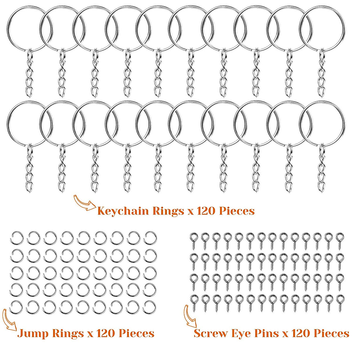 Audab 360Pcs Keychain Bulk, 120Pcs Keychain Rings with Chain and 120Pcs Open Jump Ring with 120Pcs Screw Eye Pins for Crafts and Jewelry Making