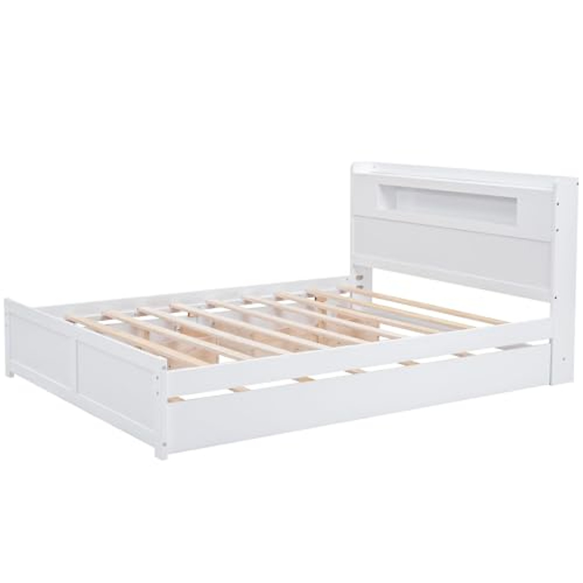 WOODRK Queen Size Storage Platform Bed Frame with Multifunctional Headboard with LED and Storage Shelves, Modern Wooden Beds with 2 Drawers and 1 Twin Size Trundle, for Bedroom, Easy Assembly, White