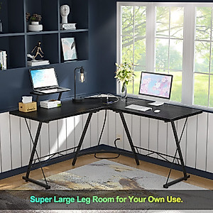 Ecoprsio L-Shaped Desk, Corner Desk with Outlets and USB Ports, Large L Computer Desk with Reversible Monitor Stand, 51 Inch L Shaped Gaming Desk for Gaming Room, Home Office, Workstation, Black