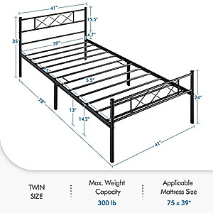 Topeakmart Black Metal Bed Frame with Headboard Mattress Foundation/Platform Bed/Slatted Bed Base, Twin Size