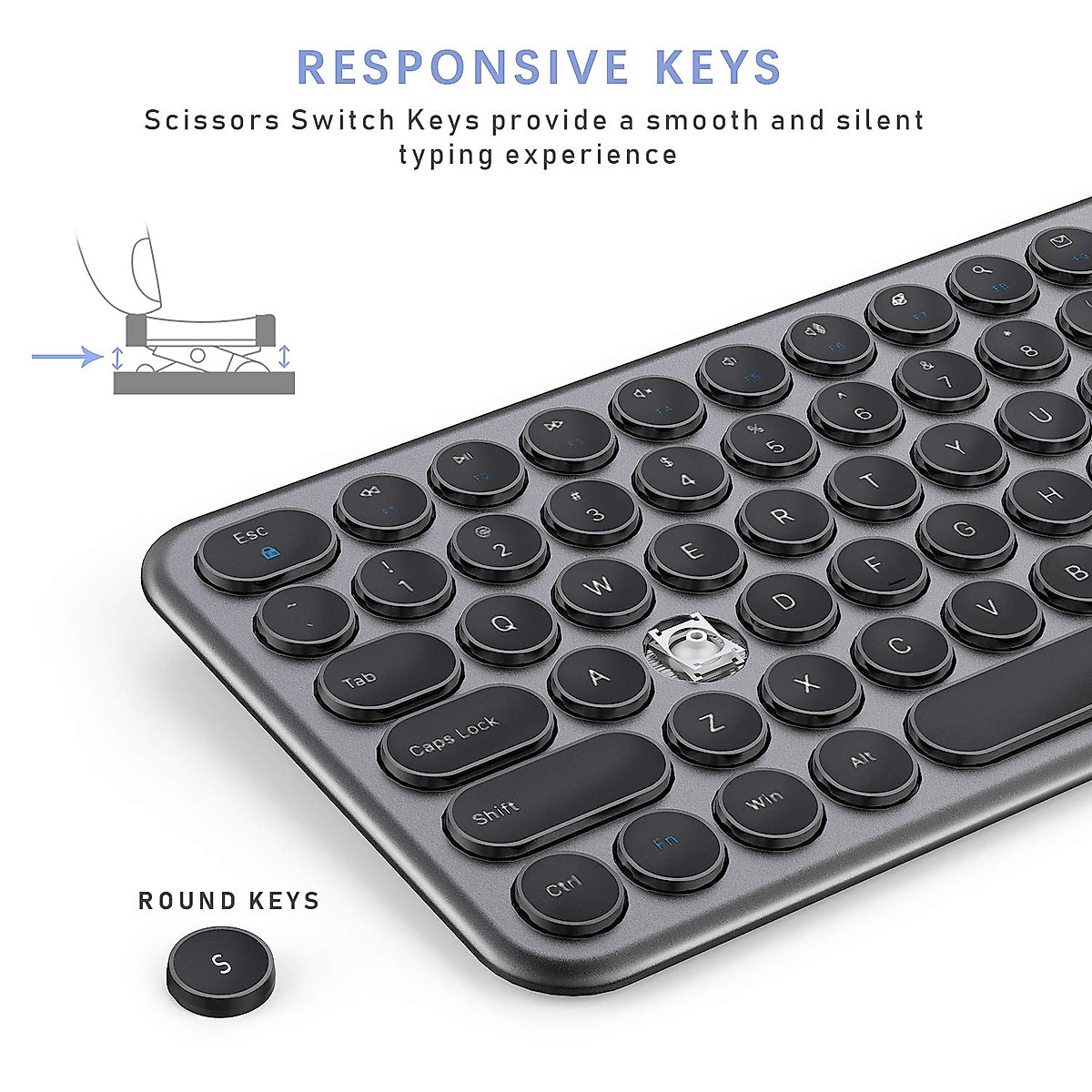 Wireless Keyboard and Mouse Combo, 2.4G Retro Computer Keyboard Mouse with Round Keys, Slim Quiet Keyboard Mouse with 2 in 1 Nano USB Receiver for for Windows, Laptop, PC, Notebook-Black Grey