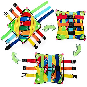teytoy Sensory Buckle Pillow for Toddler Children Learning Fine Motor Skill & Problem Solving Buckles Educational, Montessori Fidgets Travel Toy for Kids Plush Threading Counting Zipper-12 Basic Skill
