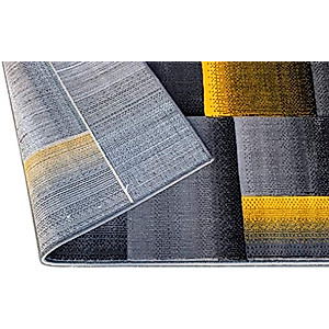 Champion Rugs Modern Contemporary Geometric Cube and Square Yellow Grey Black Design Area Rug (8 Feet X 10 Feet)