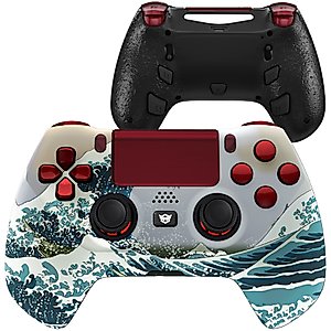 HEXGAMING HYPER Wireless Controller Compatible with ps4-4 Back Buttons, Triggers stop, Interchangeable Thumbsticks - The Great Wave Red