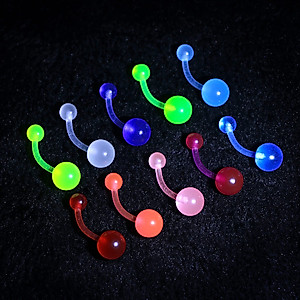 CM Crareesi Mania 10Pieces Belly Button Rings Glow in The Dark Belly Rings 14G Acrylic Flexible Banana Barbells Colorful Navel Piercing Jewellery Navel Bars