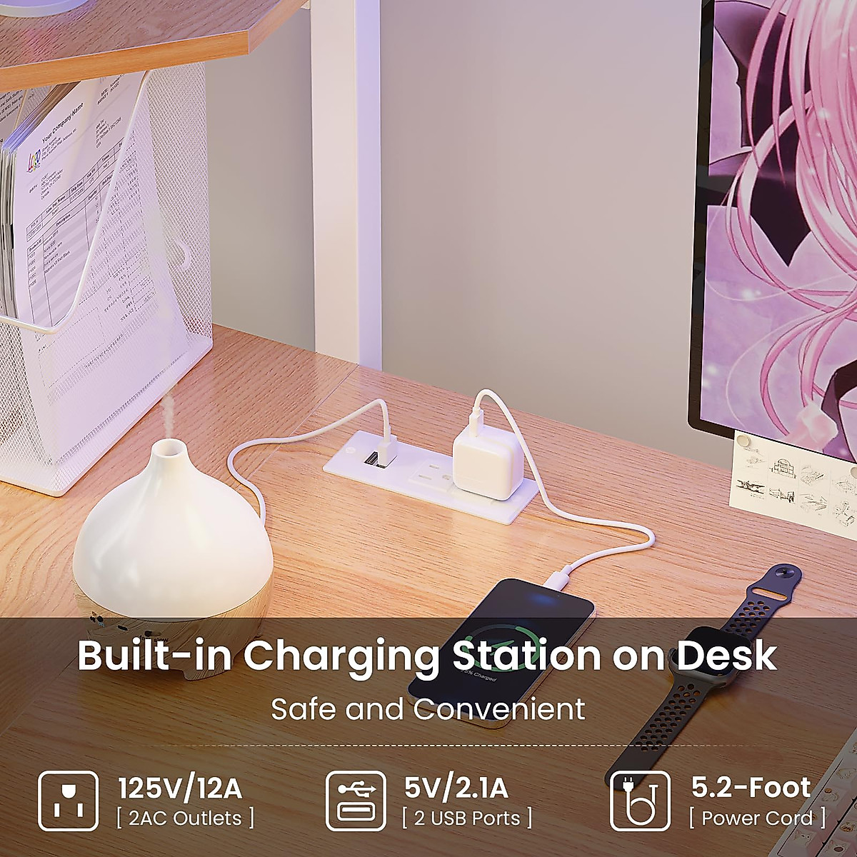 Hasuit Twin Metal Loft Bed with U-Shaped Desk, Charging Station &LED Lights, Twin LED Loft Bed with Open Storage Shelves, Safety Guardrail & Double Ladder,No Box Spring Needed, White Loft Bed