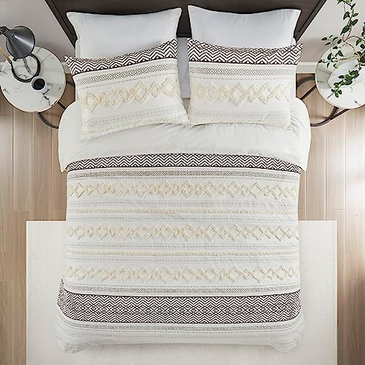 Hyde Lane Asha Boho Duvet Cover King, Farmhouse Ivory 100% Cotton Tufted Bedding Set with Zipper, Mid Century Modern Comforter Covers, 3 Pieces Including Matching Pillow Shams (104x90 Inches)