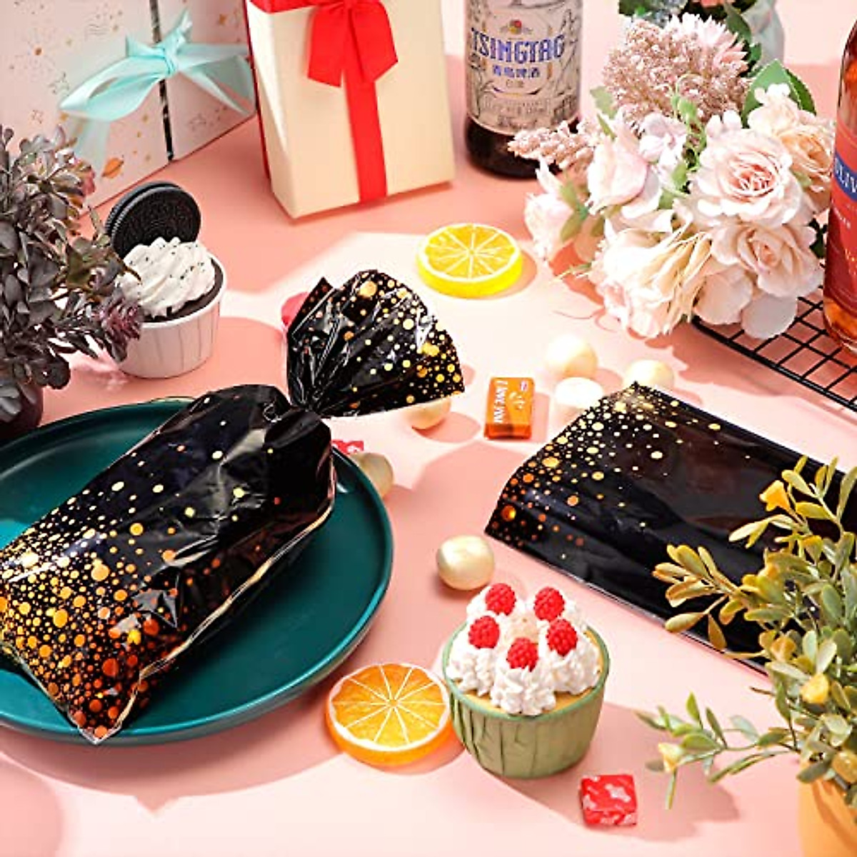 100 Pieces Plastic Party Treat Bags Foil Dot Cellophane Candy Goody Treat Bags with 100 Gold Twist Ties for Christmas Near Year Birthday Retirement Cocktail Wedding Party Supplies(Black Gold)