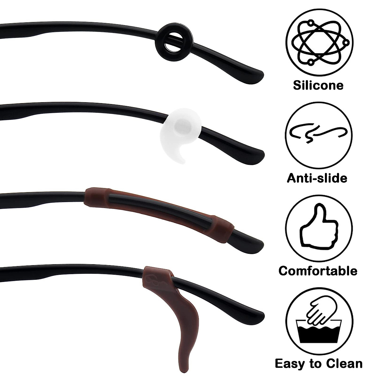 Benvo 12 Pairs Eyeglasses Retainers Silicone Glasses Temple Holders Anti-slip Protectors Comfort Eyewear Spectacle Stay Put Glasses Stoppers for Sport, Study(4 Variety Designs in Black, Clear, Brown)