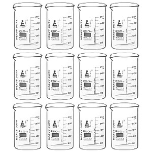 EISCO 12PK Heavy Duty Beakers, 250ml - 5mm Thick, Uniform Walls - Superior Durability & Chemical Resistance - White Graduations - Borosilicate 3.3 Glass