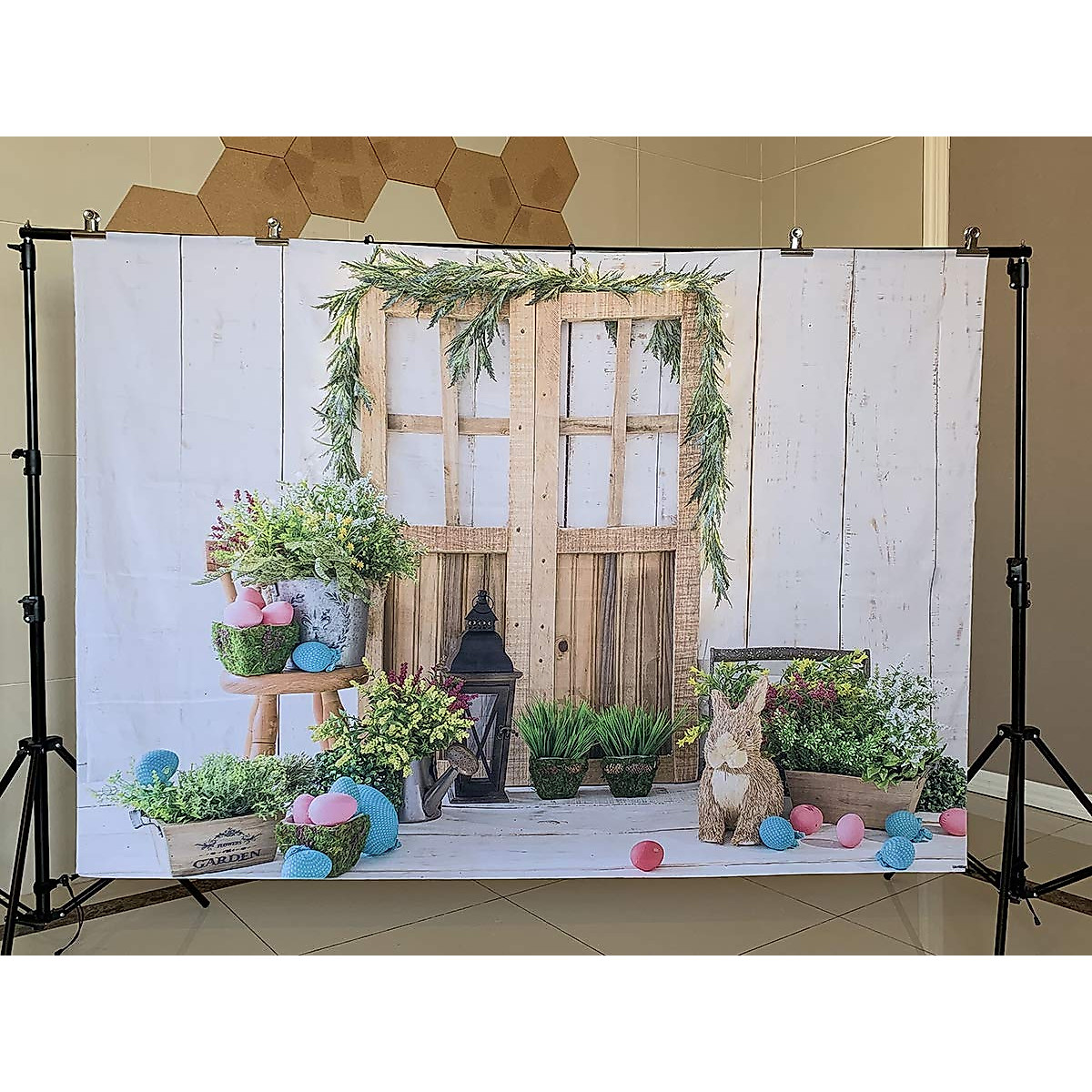 7x5ft Spring Easter Photography Backdrops Wood Barn Eggs Flowers Happy Easter Background for Photo
