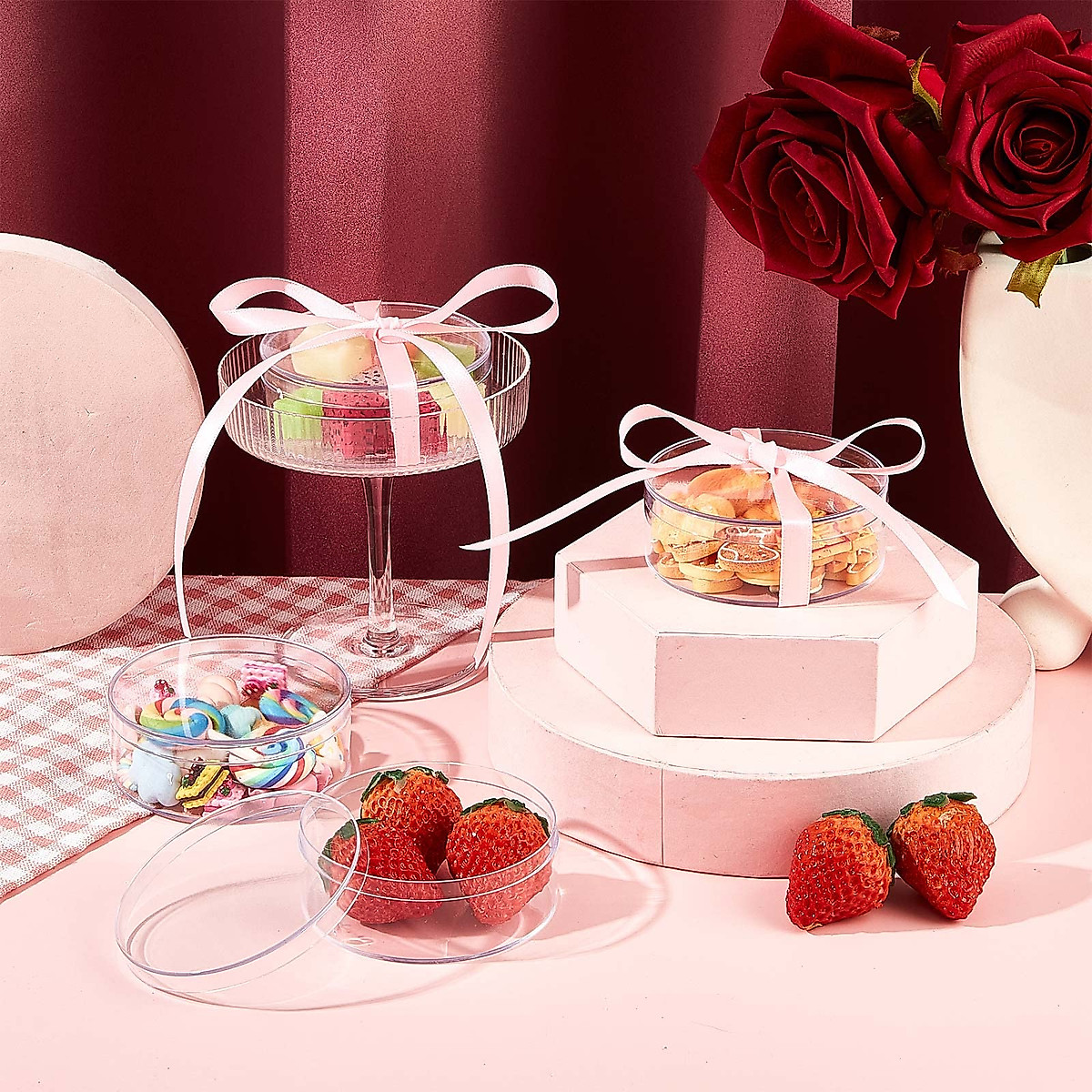 Taiyin 50 Pcs Plastic Acrylic Circle Box with Lid Clear Acrylic Box Small 3'' Round Cube Organizer Transparent Storage Boxes Containers for Candy Beads Jewelry Gift Wedding Graduation Favor