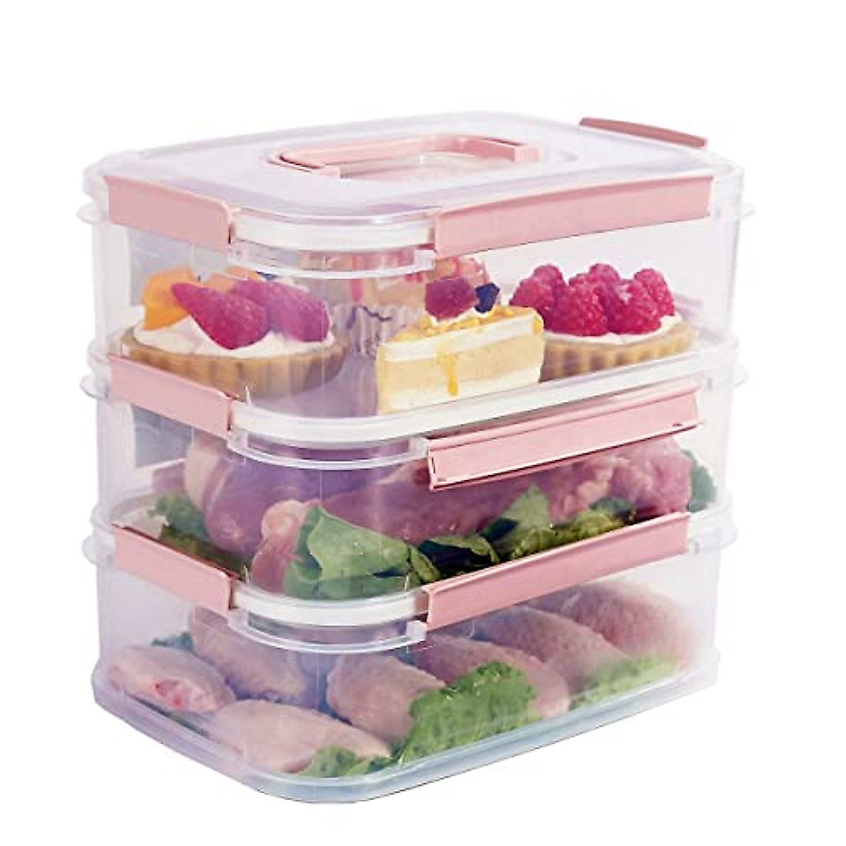 TIAN CHEN Airtight Food Storage Containers, Stackable Cookie Carriers with Handle Lid, Waterproof LeakProof Bacon Tray, 3 Layer Medium BPA Free(Pink)