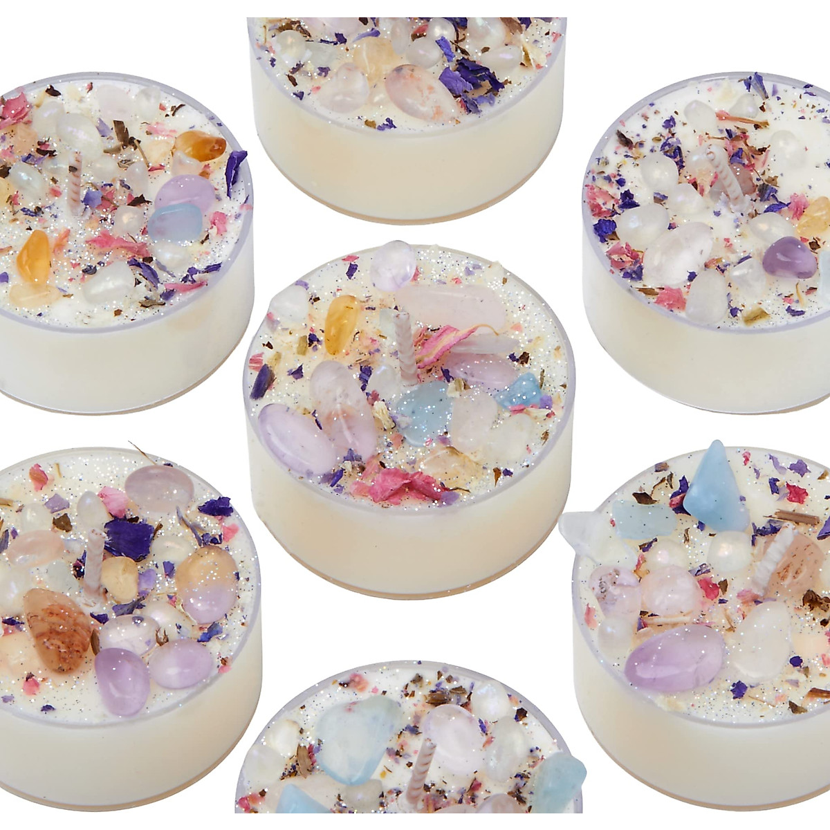 Unicorn Candle by New Moon Beginnings - Dried Flower & Crystal Candles - Soy Candles - Glitter Unicorn Candle - Angel Aura Quartz, Aquamarine, Rose Quartz - (Set of 6 Tealights)