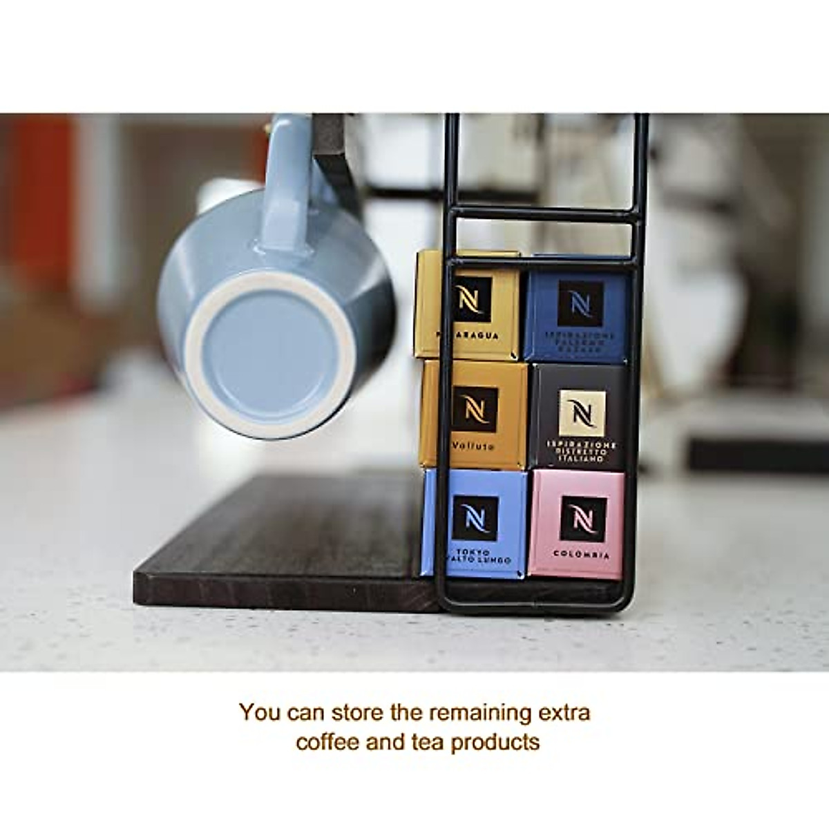 Wood Coffee Mug Rack Holder Stand with Metal Frame and Wooden Shelf for Coffee, Countertop 2 Tier Tea Cups Display Organizer for Home & Kitchen