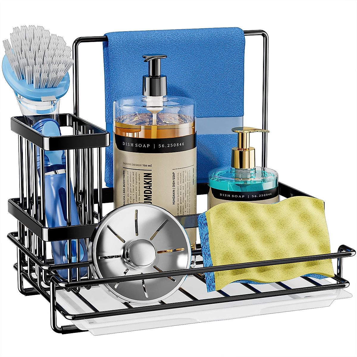 Consumest Sink Caddy Kitchen Sink Organizer, Sponge Holder for Kitchen Sink with Dish Brush +Dishcloth Holder, Stainless Steel Dish Soap Holder Countertop with Drain Tray for Sink Accessories, Black