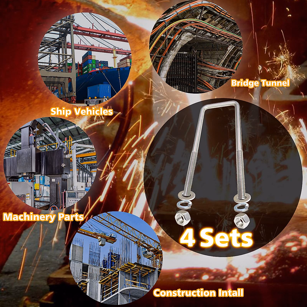 FITHOIST 4Pack Square U-Bolt 1/2"-13 Thread Size, 304 Stainless Steel U Bolts 1/2" D x 3-1/16" W x 7-5/16" L with Washers & Nuts, for Replacement Parts and Accessories for Sailboat Trailer