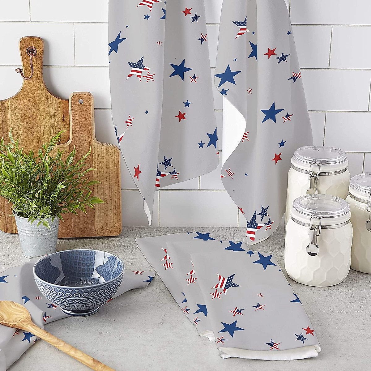 Zadaling Cotton Kitchen Towels July 4th Independence Day American USA Flag Day Theme Blue Red Stars Grey Kitchen Dish Cloths,Soft Absorbent Dish Towels,Bar Towels/Hand Towels for Bathroom 2 Pack