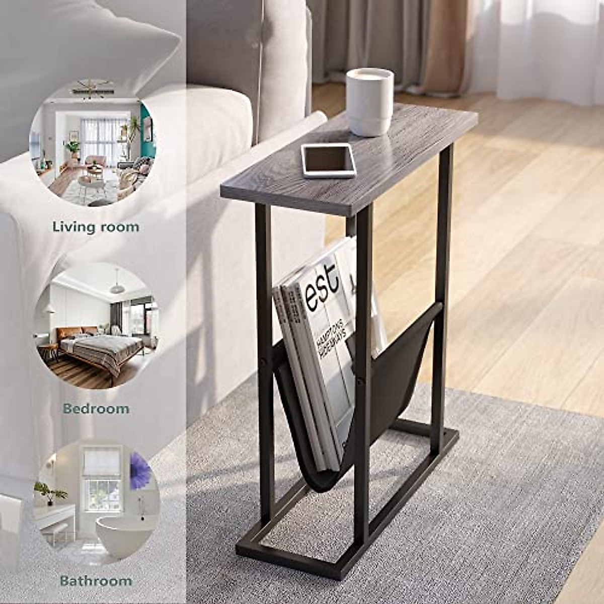 Yusong Small Narrow Side Table for Small Spaces, Slim End Table Magazine Table Nightstand with Storage Holder, Accent Skinny Snack Couch Bedside Table, Grey