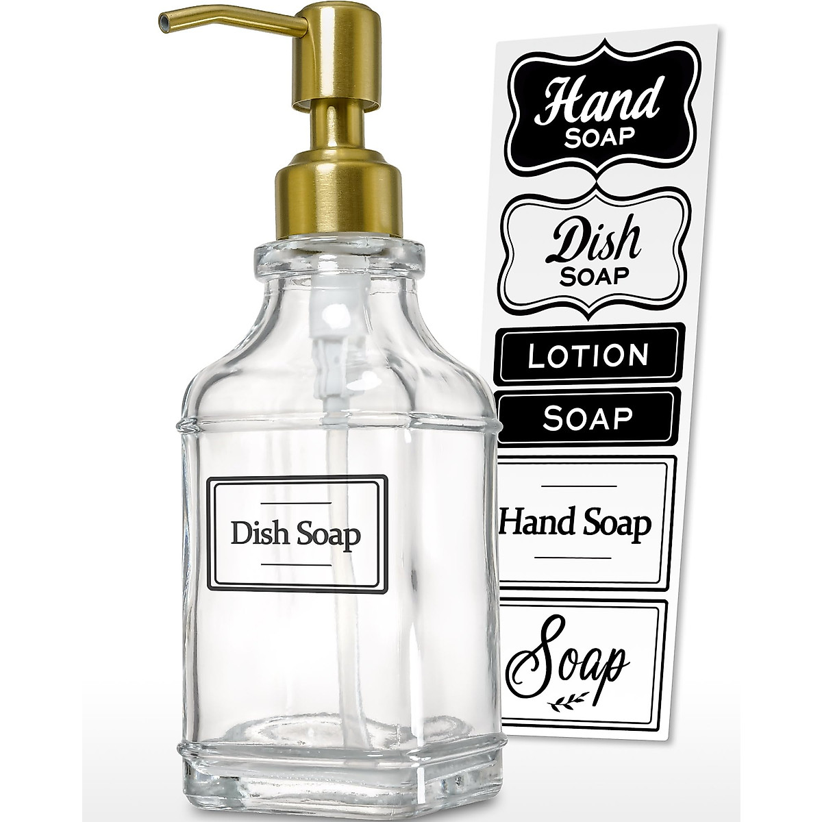 JASAI Antique Square Glass Soap Dispenser with Golden Rust Proof Pump, Refillable Soap Dispenser with 10Pcs Stickers for Kitchen, Dish Soap Dispenser for Kitchen Bathroom Soap, Hand soap, Lotion.