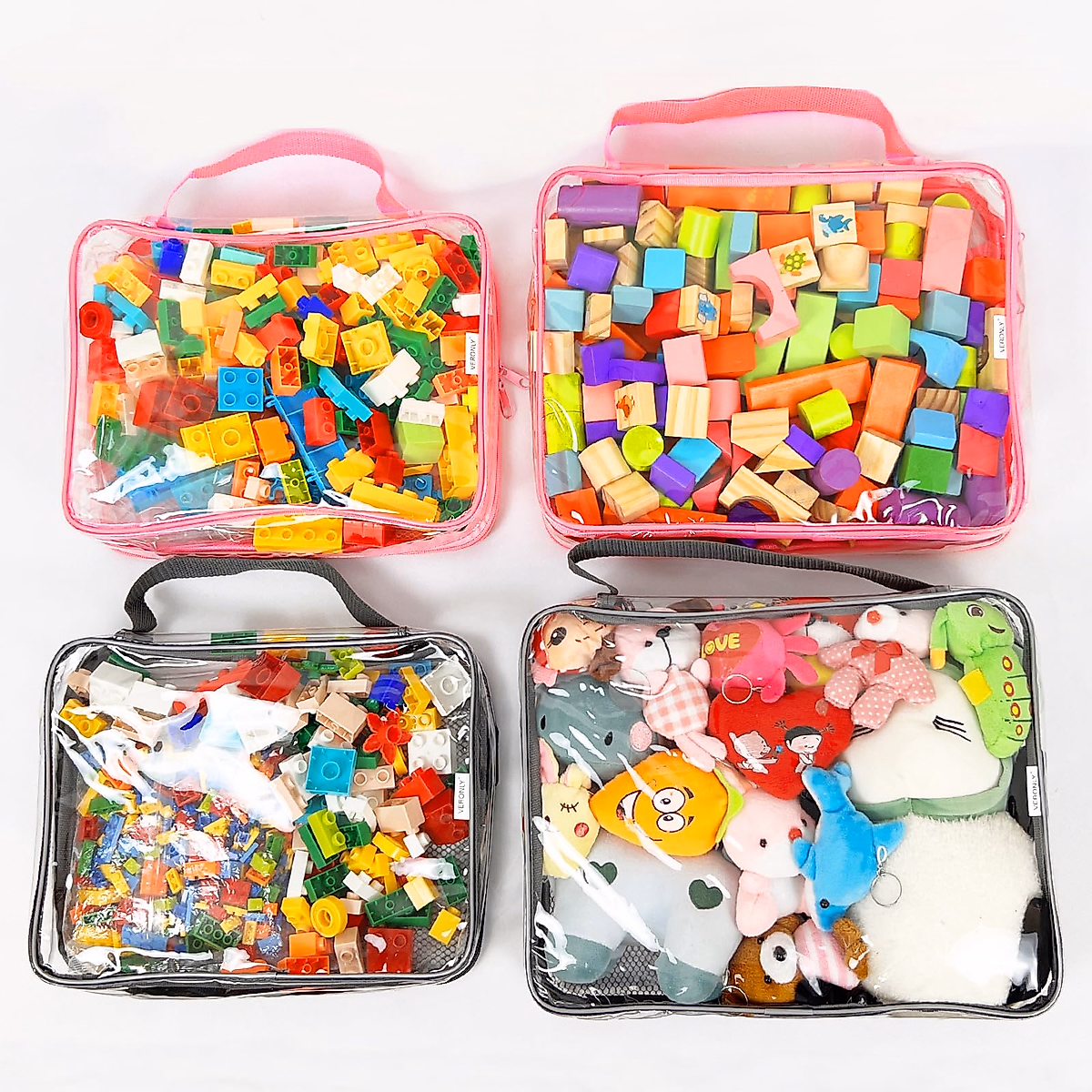 Toy Zippered Blocks Set Storage Bags for boy girls - 4PC Large PVC Storage Organizer Bags with Mesh Side Pockets for Puzzle, Clay, Book, Small Models and Mini Plush Toys. XL: 10.4" x3 "x13.3