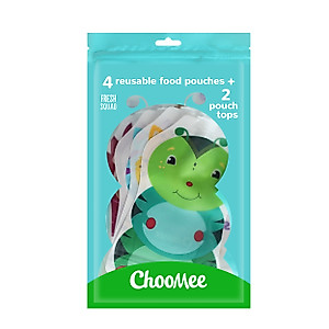 ChooMee Reusable Baby Food Storage Pouches 4 CT, 5 oz + SoftSip Food Pouch Tops 2 CT | Ideal for Baby food, Smoothies and Purees | Double Lock Zipper, Wide Bottom, BPA Free | SnakPack FreshSquad