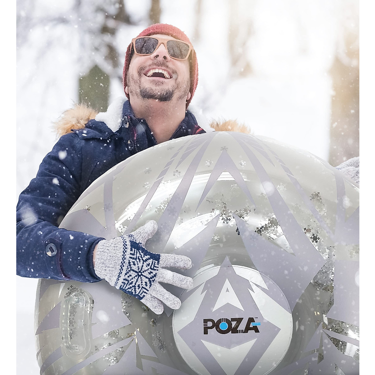 POZA Inflatable Silver Snow Tubes Collection - Silver Snow Sled Tube, Snowmobile, Boogie Sled with Handles and Snowflake Confetti, Cold Resistant Heavy Duty PVC Tube Sled for Adults and Kids - 3 Piece